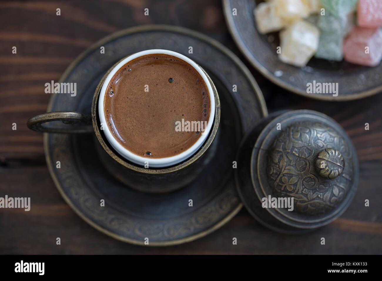 turkish coffee and turkish delights on wooden back ground Stock Photo ...