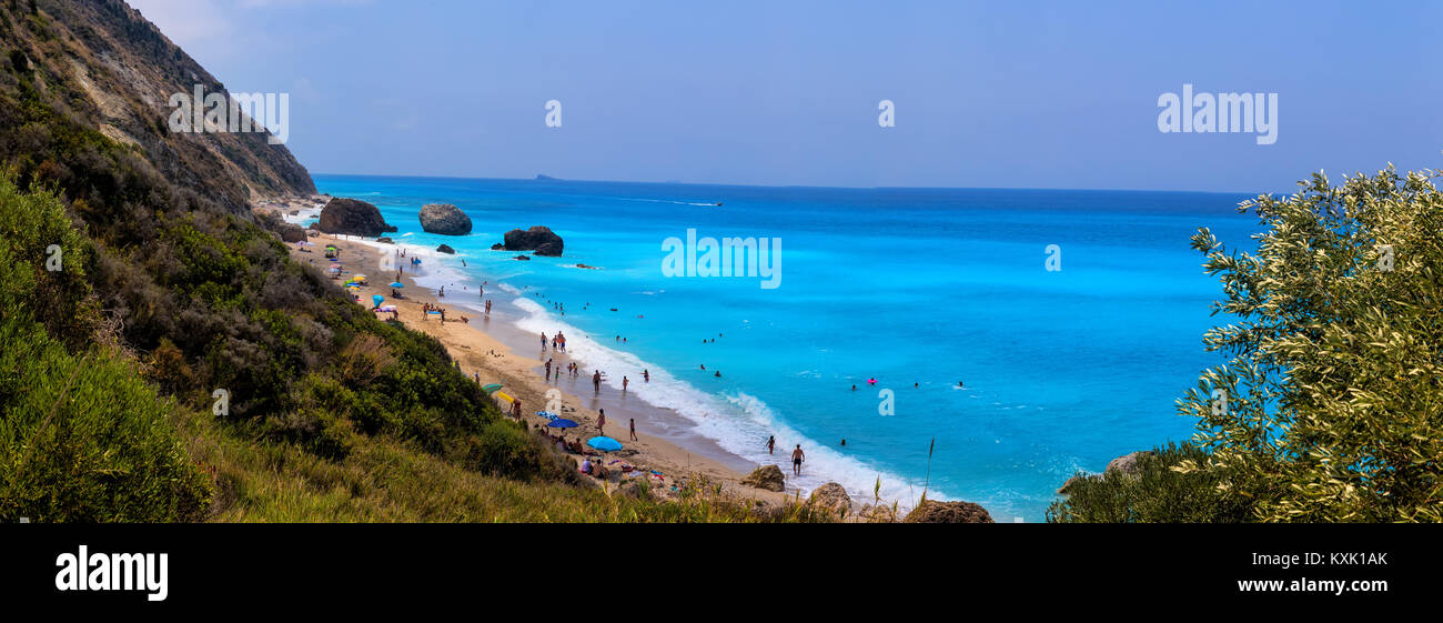 Panoramic view of the tropical sea at the Megali Petra Beach in Lefkada ...