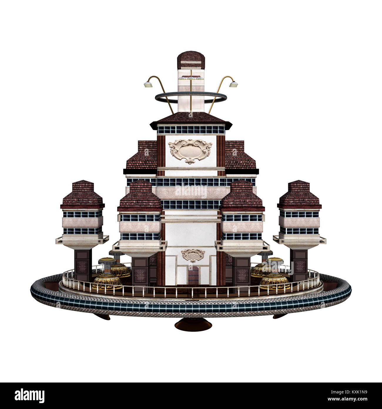 3D rendering of a science fiction flying village isolated on white ...