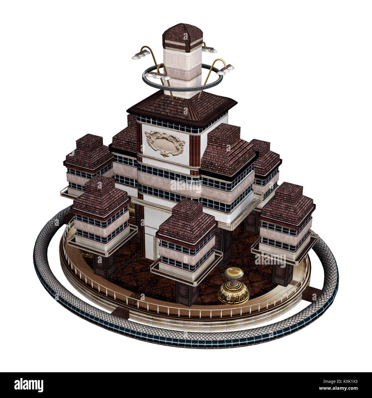 3D rendering of a science fiction flying village isolated on white ...