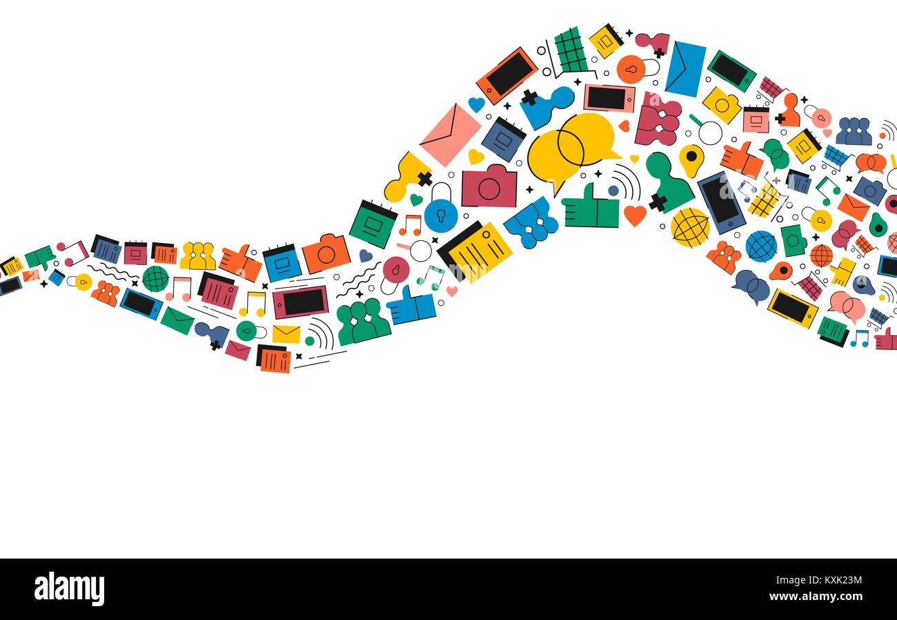 Social media wave splash made of colorful modern internet icon elements ...
