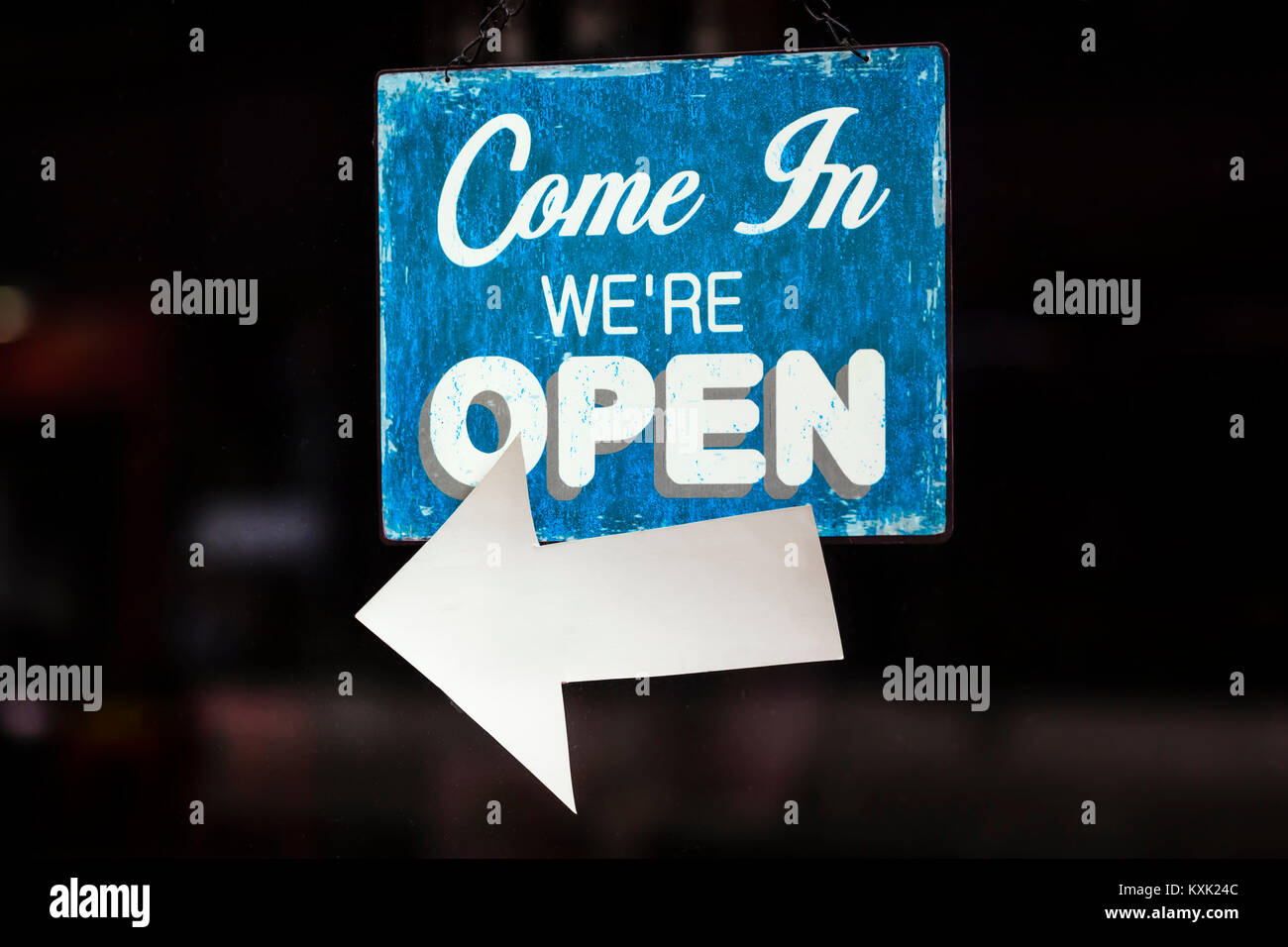 Come In We're Open sign with an arrow on a shop window, UK Stock Photo ...