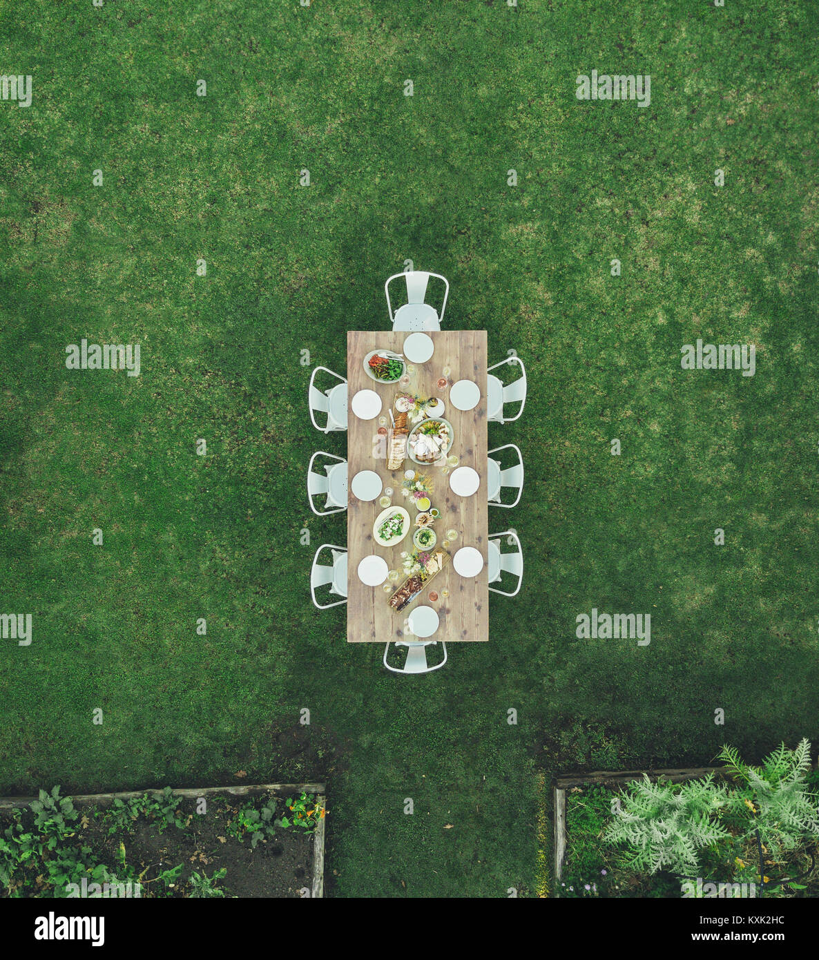 Aerial view of table setting outdoors in garden restaurant. Table ready ...