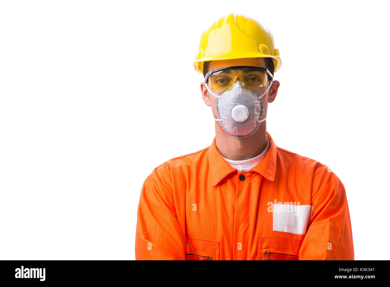 Construction worker with protective mask isolated on white Stock Photo ...