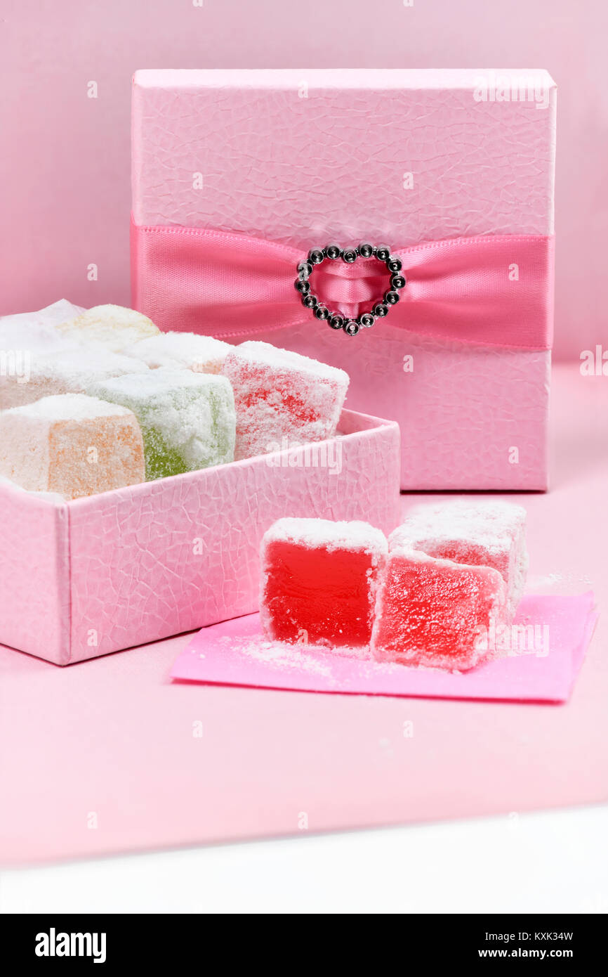 vertical image of pretty delicious Turkish delight showing cross ...