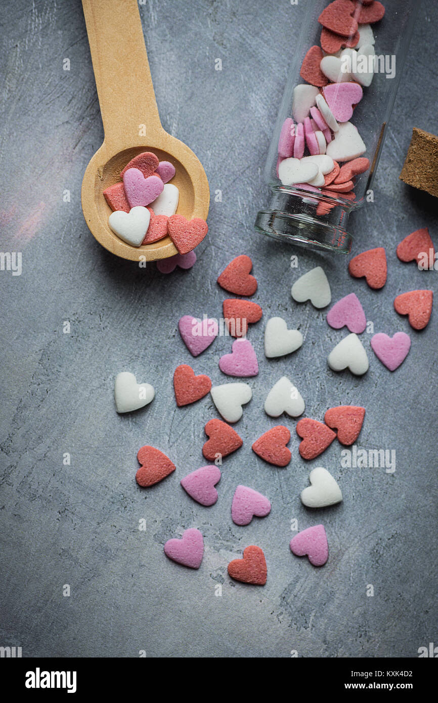 Colorful Pink Red White Sugar Sprinkles Candies Spilled from Small Wood ...