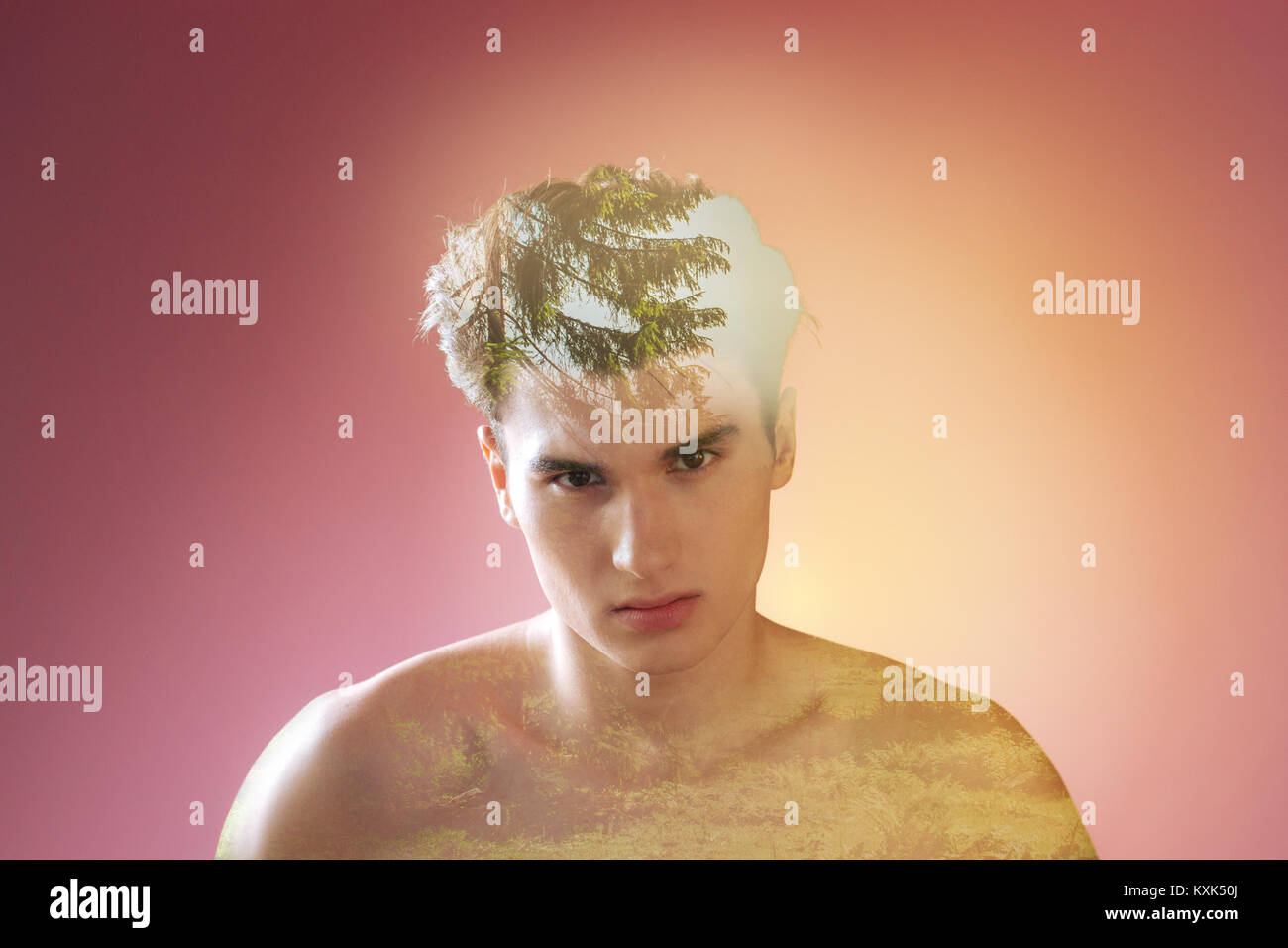 Peaceful thoughtful man having imagining a pine tree Stock Photo - Alamy