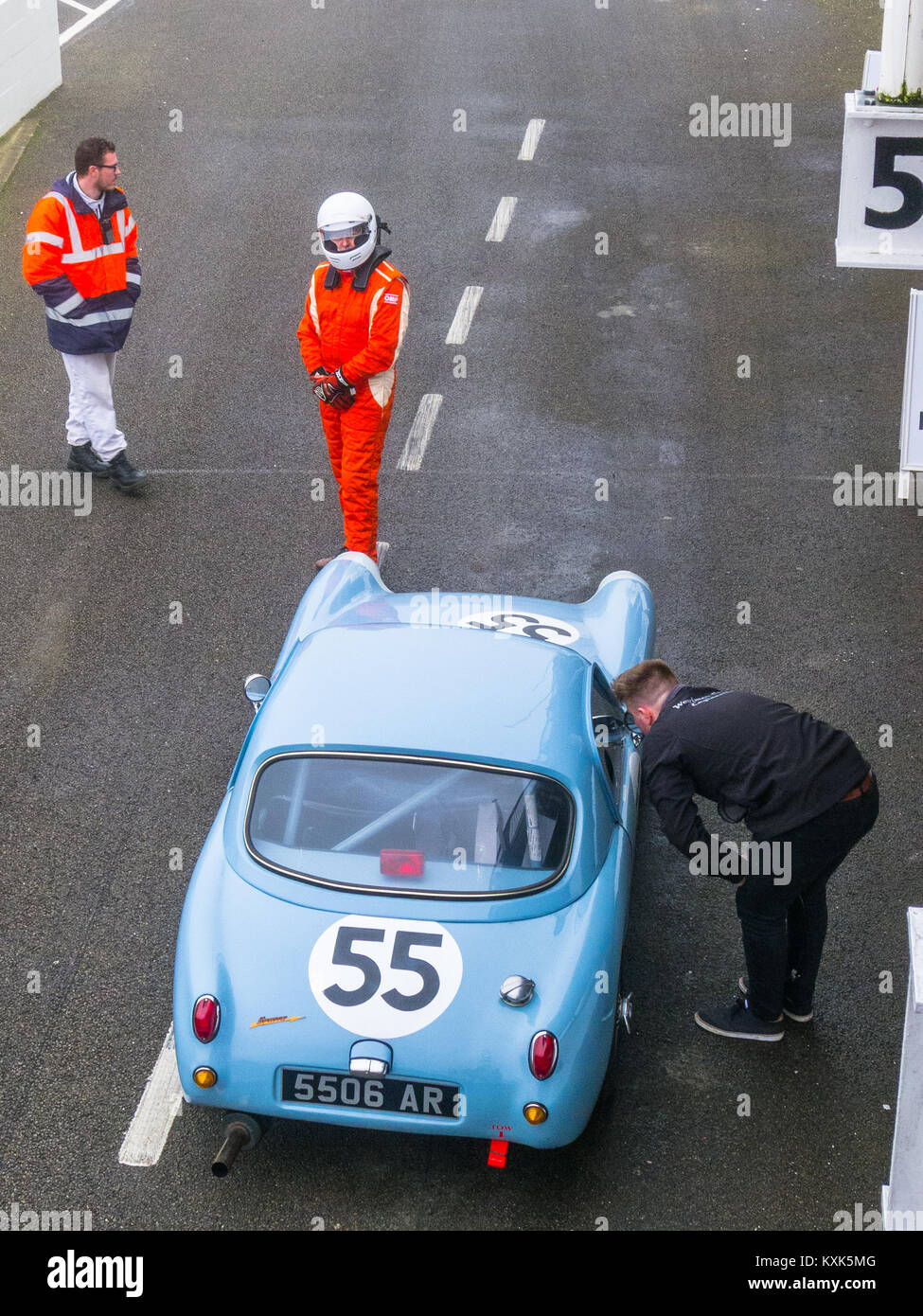 A view from above looking down on a classic AUSTIN HEALEY Sprite racing ...