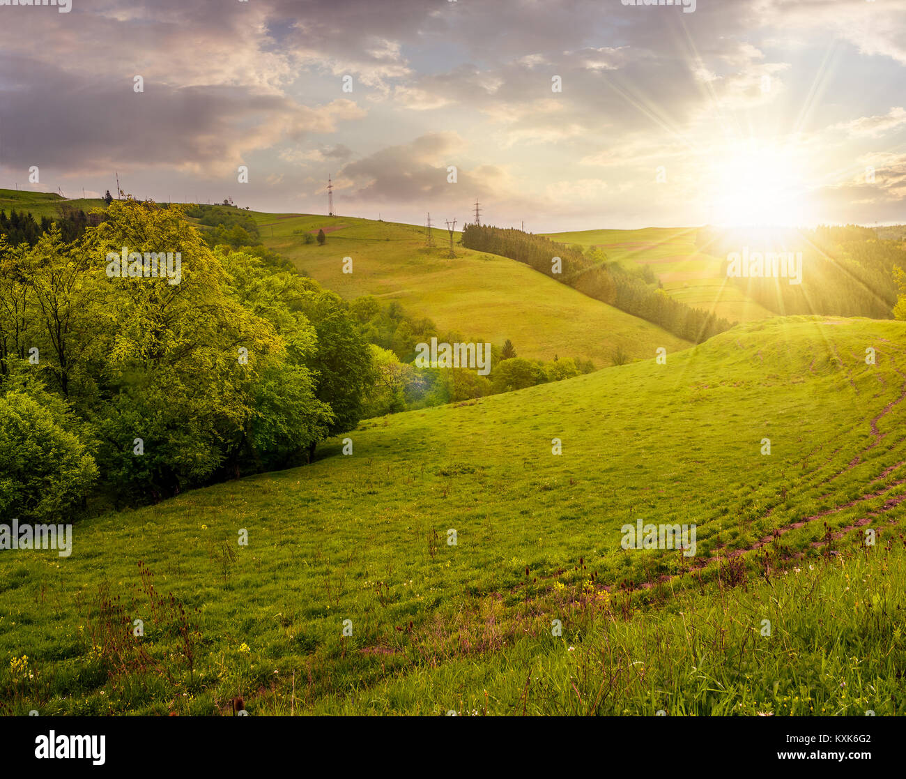 lovely countryside with grassy hills at sunset. beautiful nature of ...