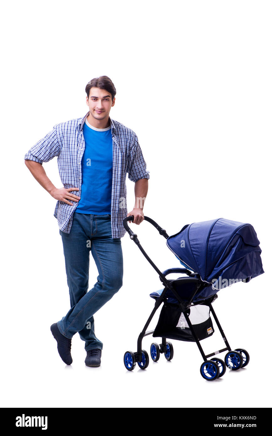 Young dad with baby pram isolated on white Stock Photo - Alamy