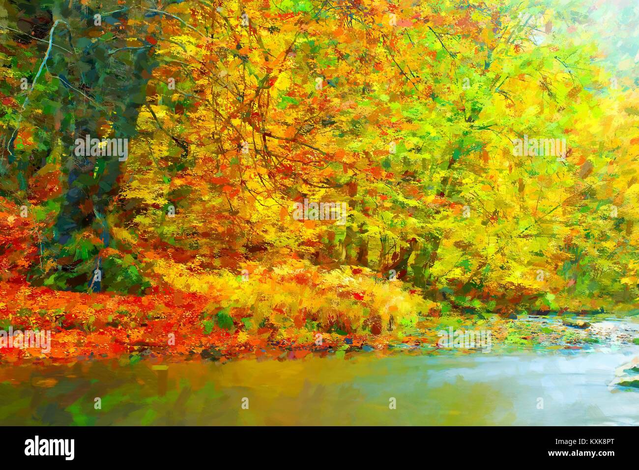 Oil painting, brush strokes. Stony river covered by orange beech leaves ...