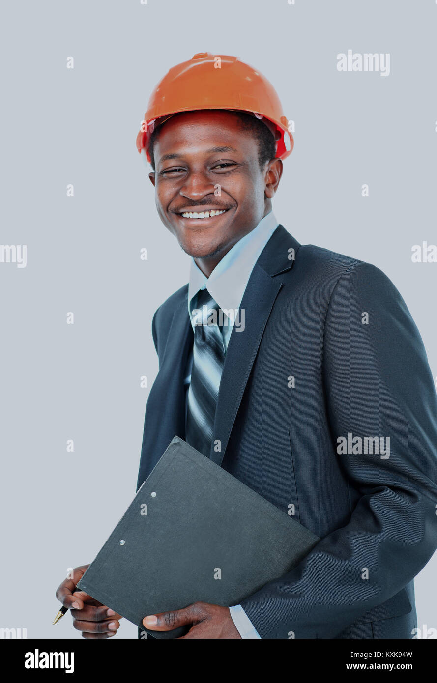 African american engineer a over white background Stock Photo - Alamy