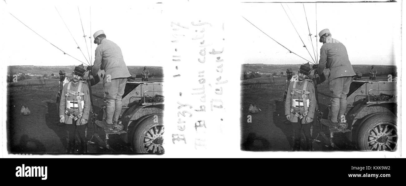 A historical photograph of a captive balloon (ballon captif) departure ...