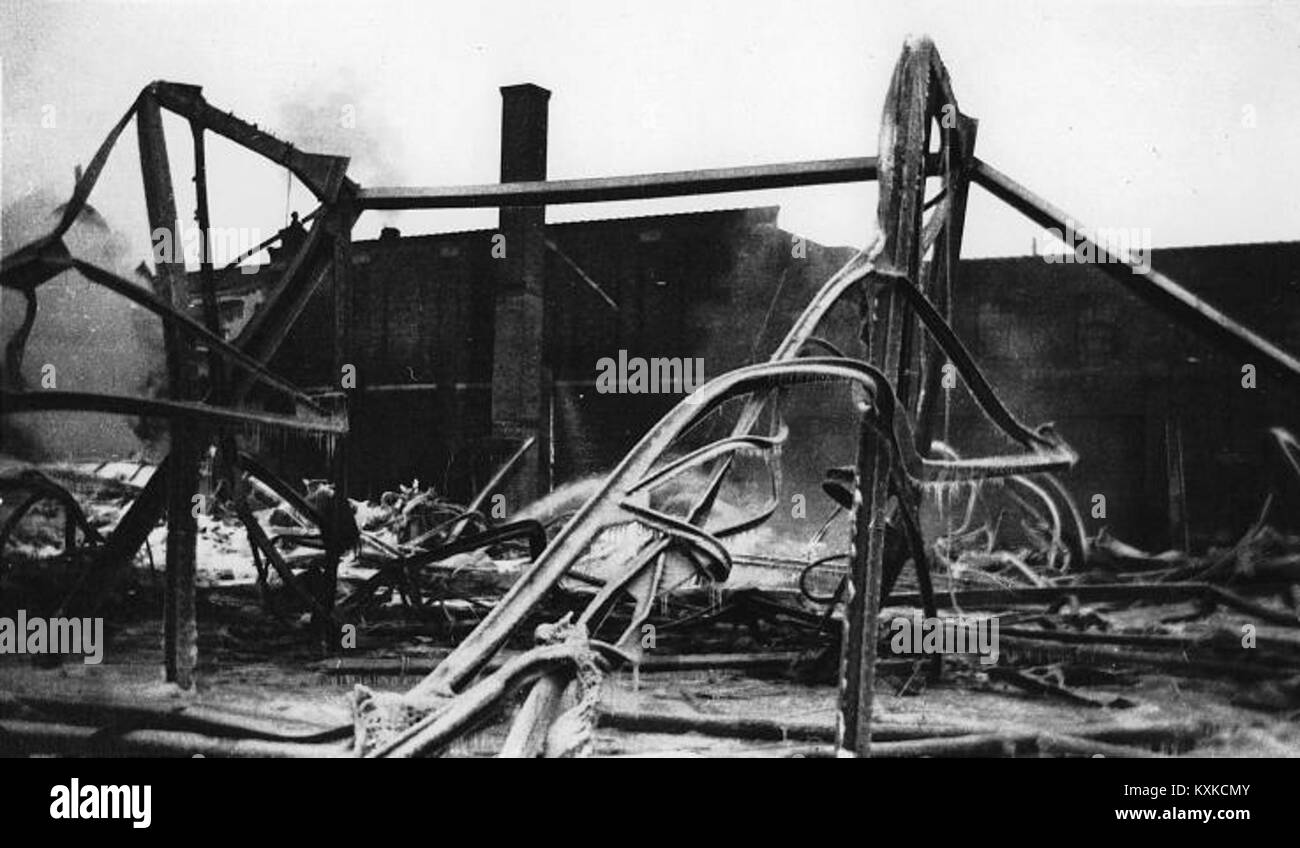 A photograph documenting the aftermath of a fire at the Arena on the ...