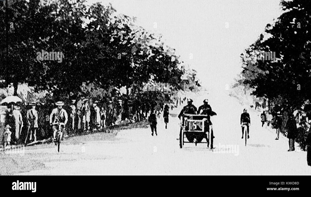 This image depicts the arrival of the first Paris-Bordeaux-Paris race ...