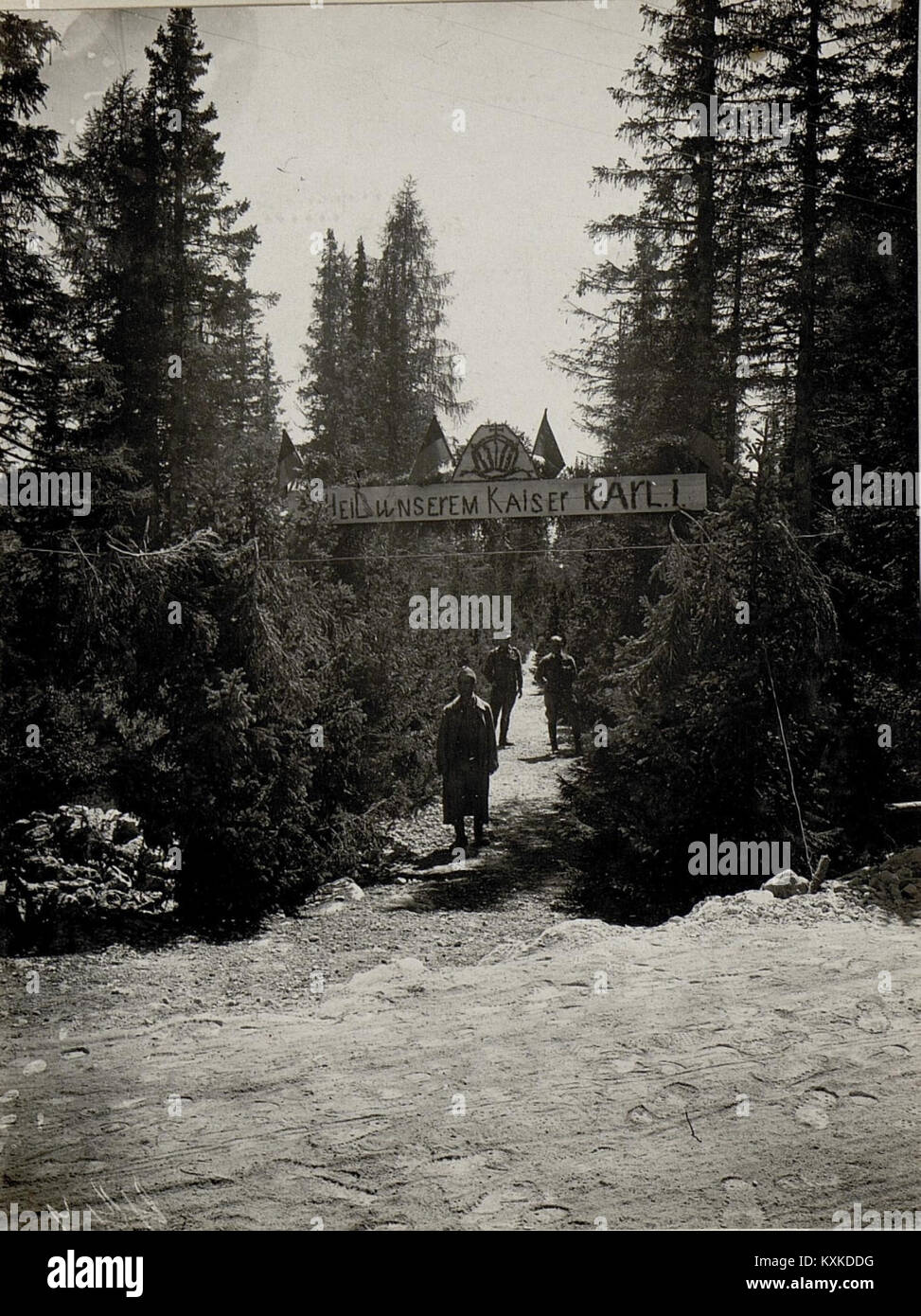 This image shows an artillery position and a triumphal arch constructed ...