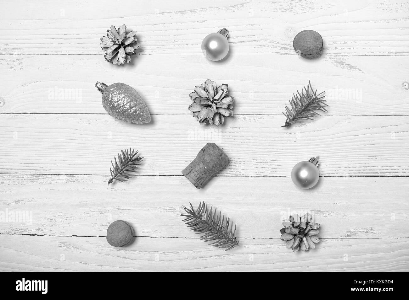 Christmas tree and objects on a white wooden background Stock Photo - Alamy