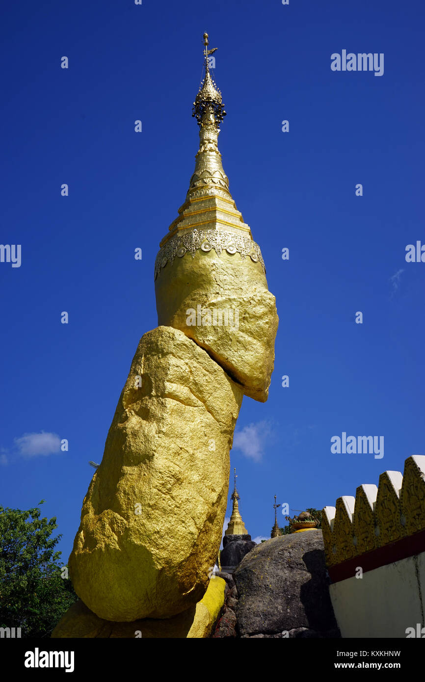 MAWLAMYINE, MYANMAR - CIRCA APRIL 2017 Golden rock in Nwa-la-bo pagoda ...