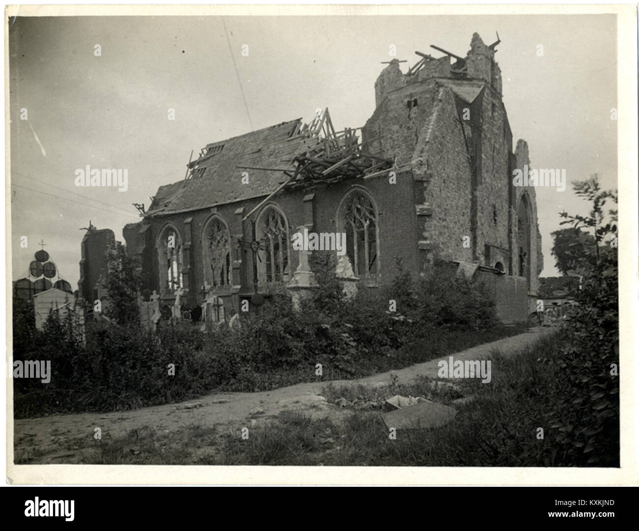 This photograph depicts the aftermath of a church destroyed by German ...