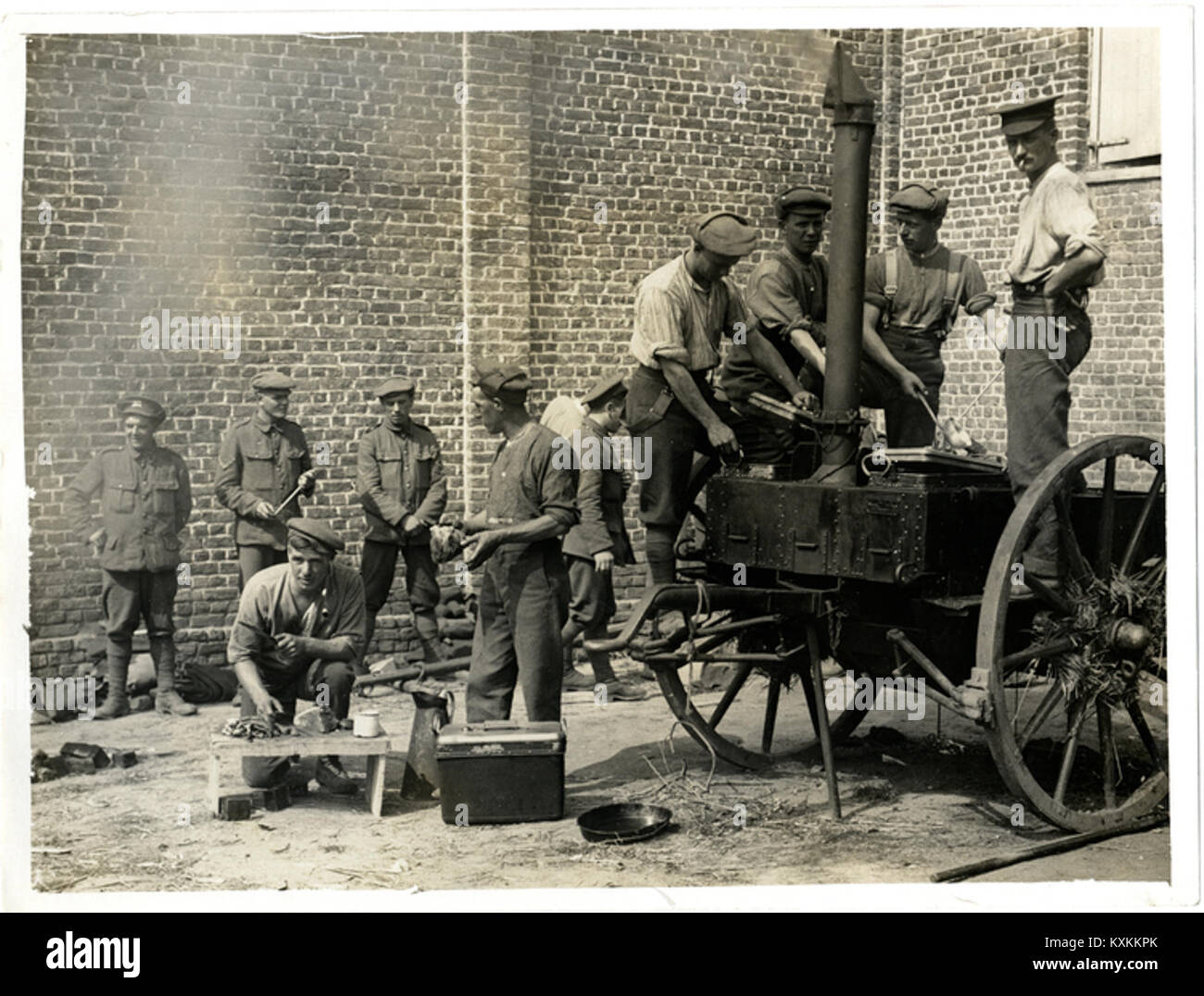 This image shows a field kitchen during World War I in Estaires, France ...