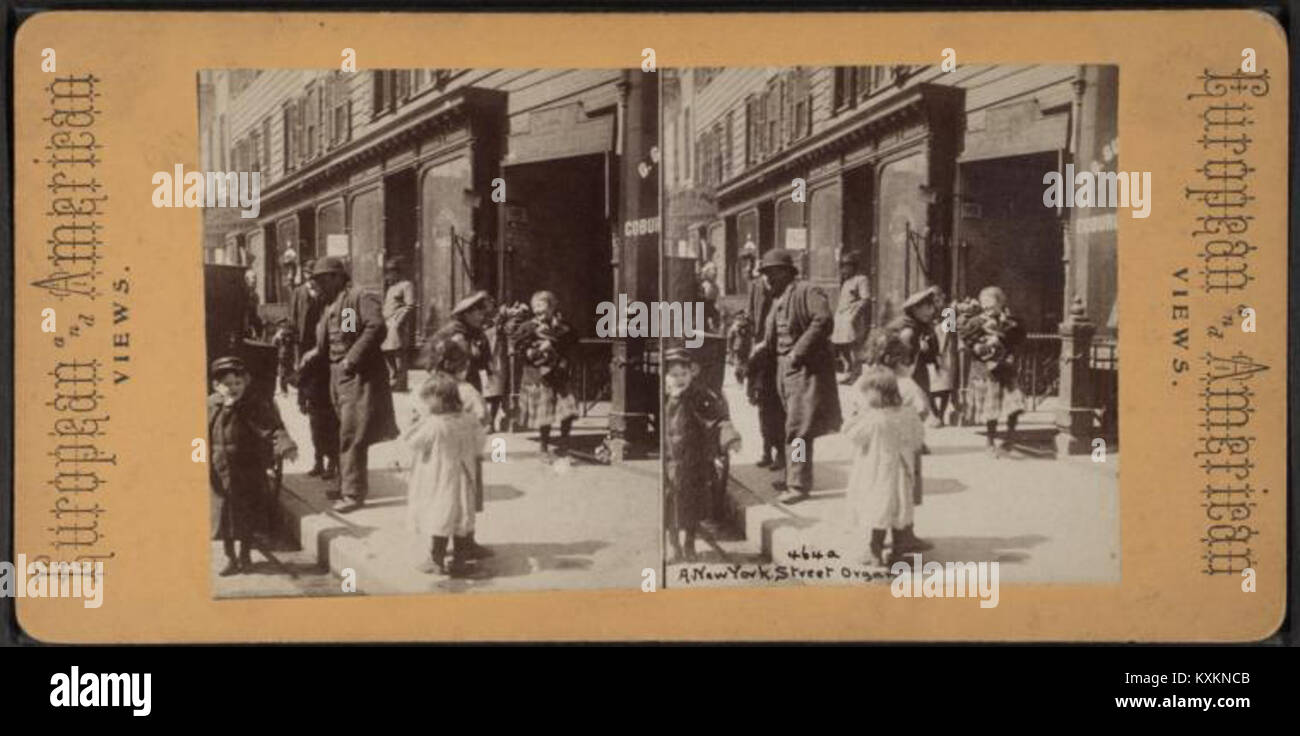 A stereoscopic image of a street organ in New York, part of the Robert ...