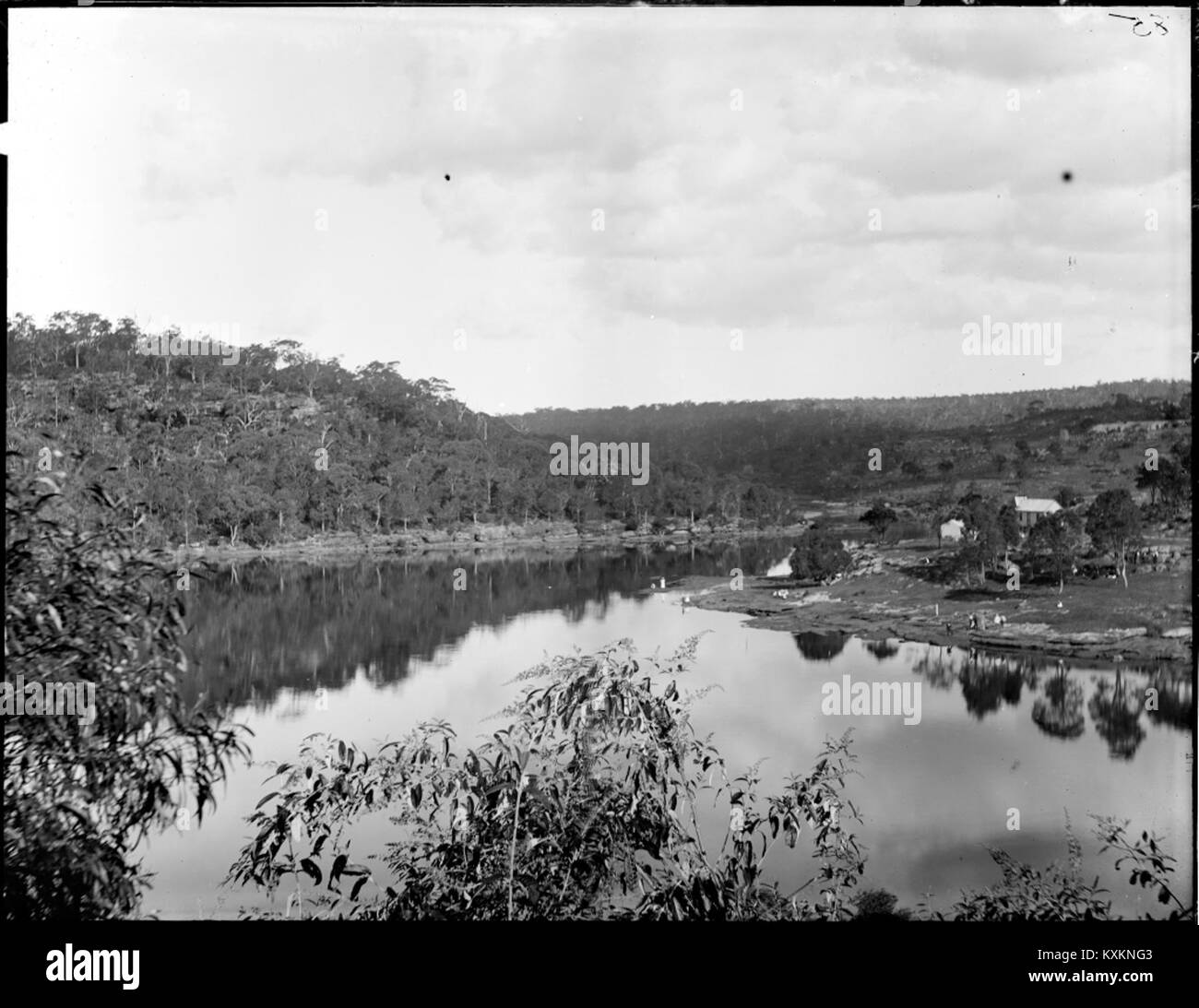A historical photograph depicting a calm river landscape near Scone ...