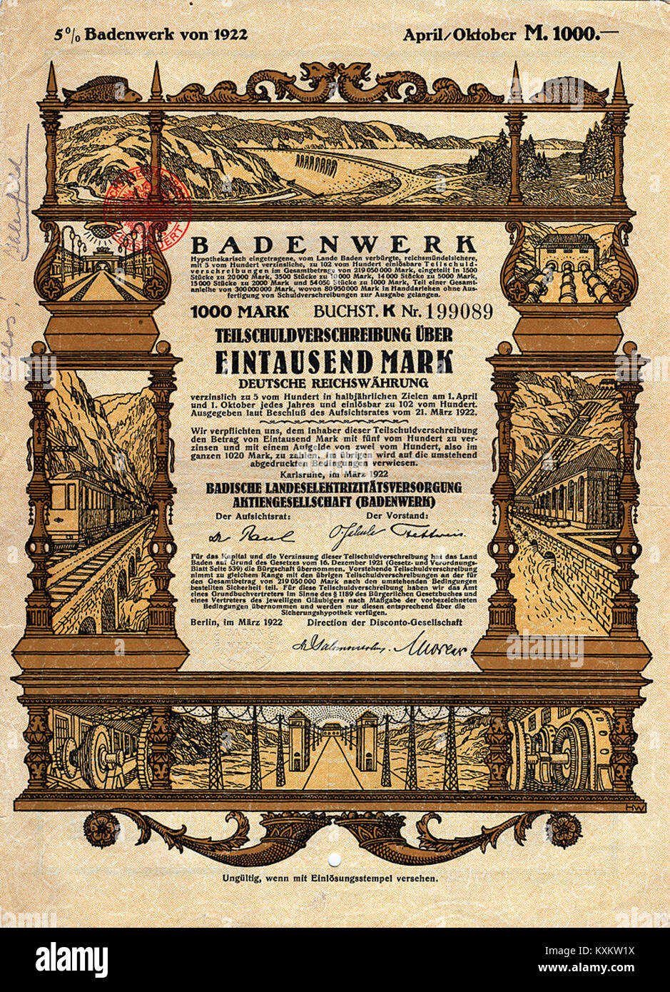 This 1922 bond from Badische Landeselektrizitätsversorgung documents ...