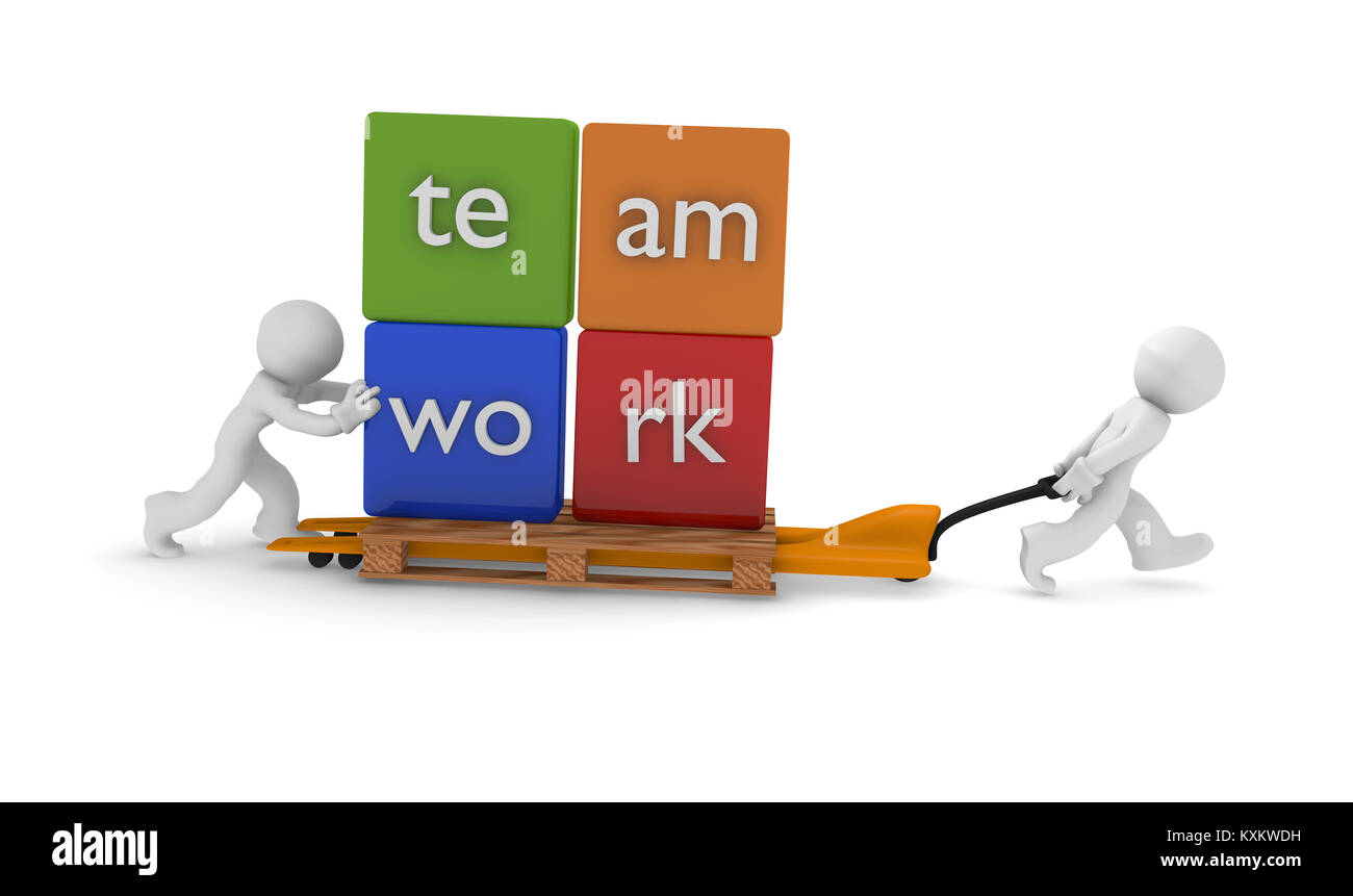 Teamwork concept with two 3d character and colorful dices with the word ...