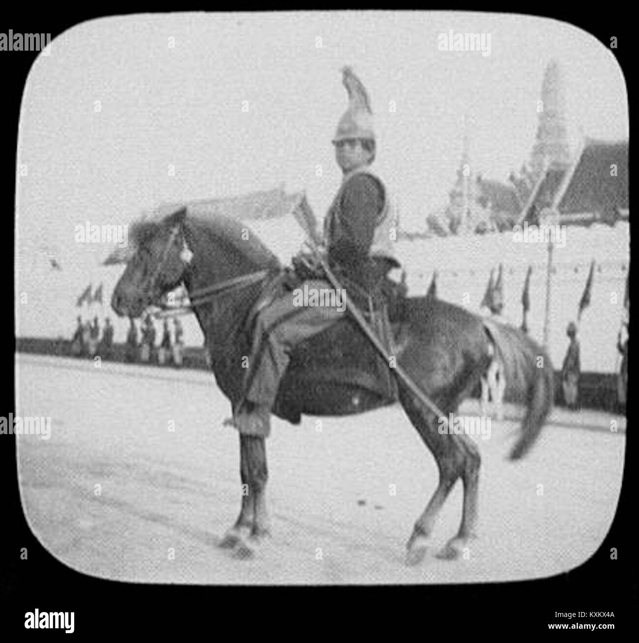 The image depicts a mounted Siamese cavalryman in Bangkok, with a royal ...