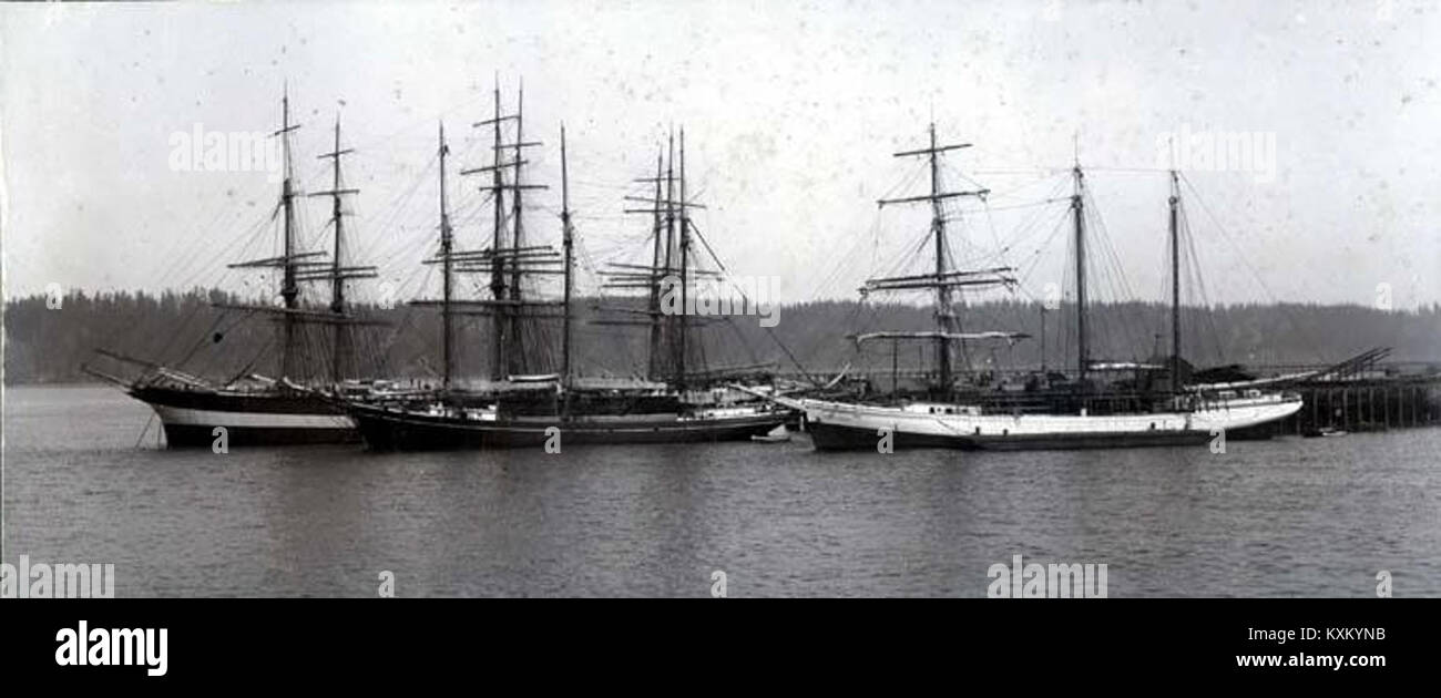 The Barkentine Gardiner City, a three-masted ship, is shown anchored ...