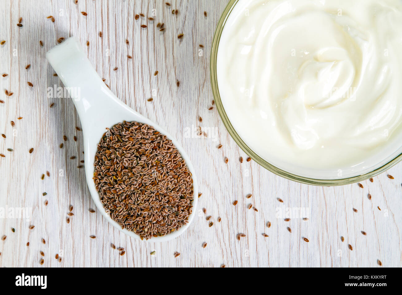Indian Psyllium with natural Joghurt on bright background Stock Photo ...