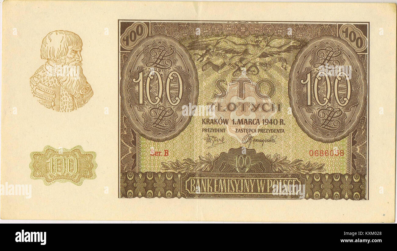 Polish 100 złotych banknote featuring national symbols, currency design ...