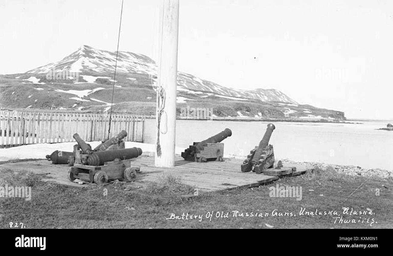 A battery of Russian artillery in Unalaska circa 1911, showing ...