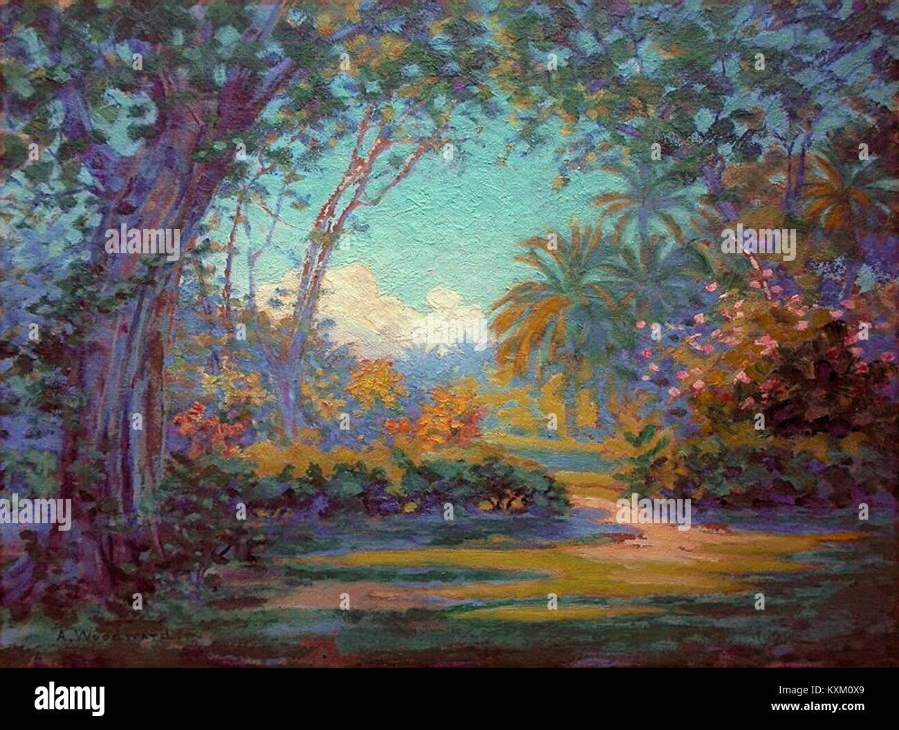 The 1927 painting by Anna Woodward depicts a garden in Honolulu, Oahu ...