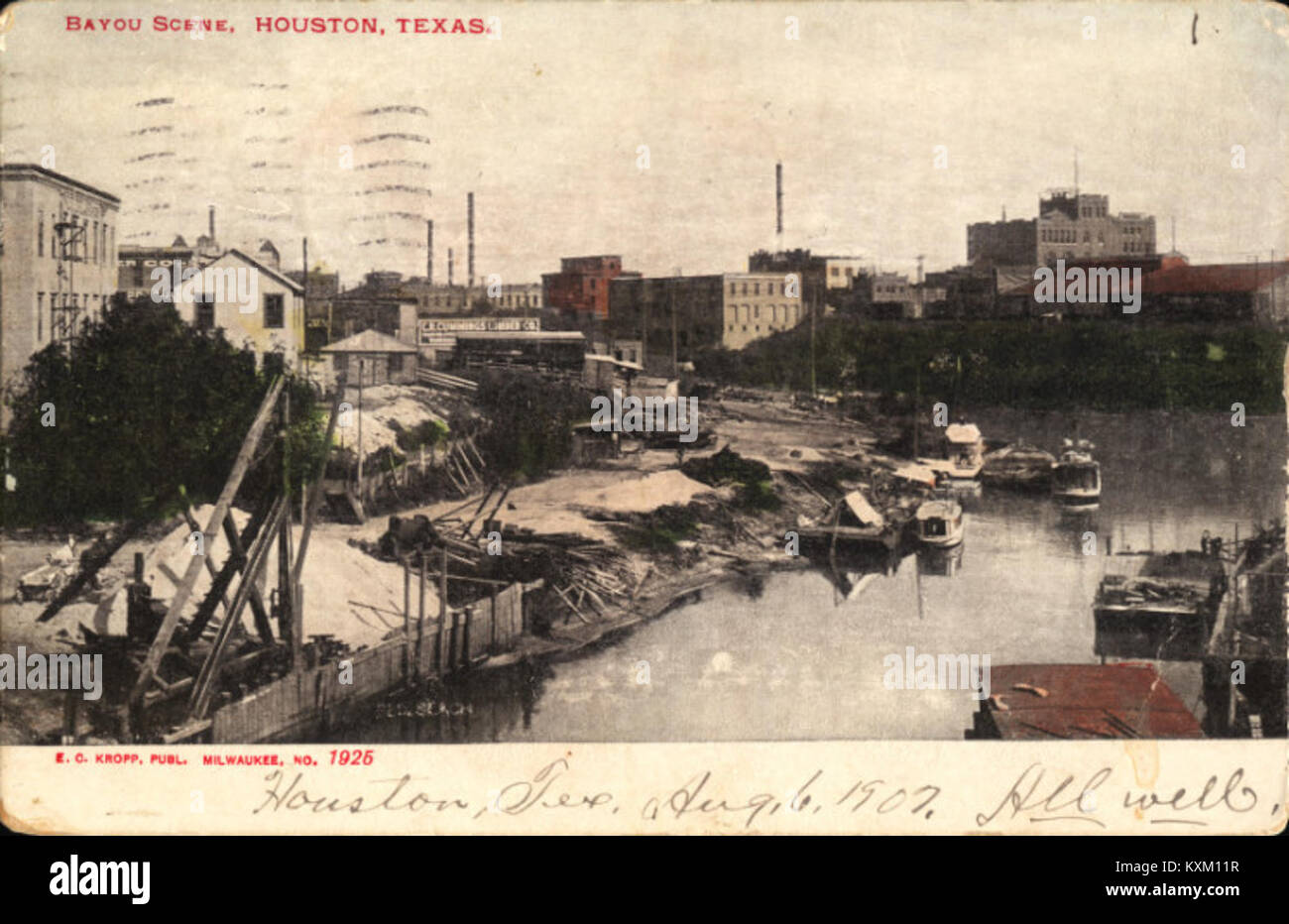 A vintage postcard depicting a bayou scene in Houston, Texas, from ...