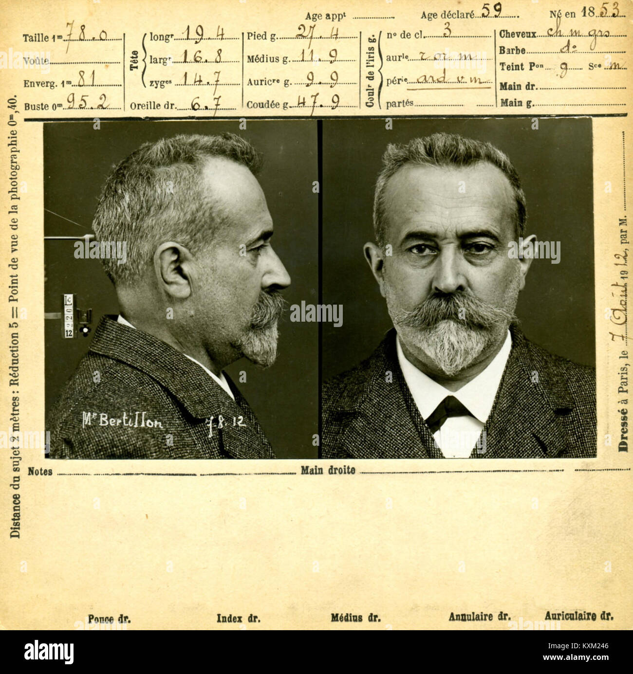 Alphonse Bertillon's anthropometric card, featuring a front-and-back ...