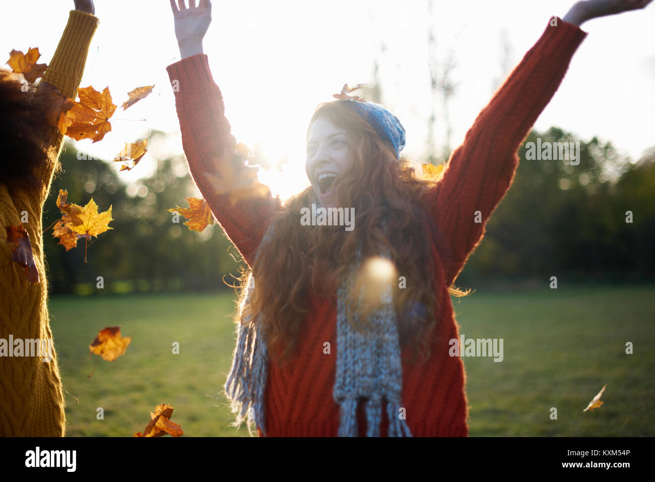 Friends throwing autumn leaves in air Stock Photo - Alamy