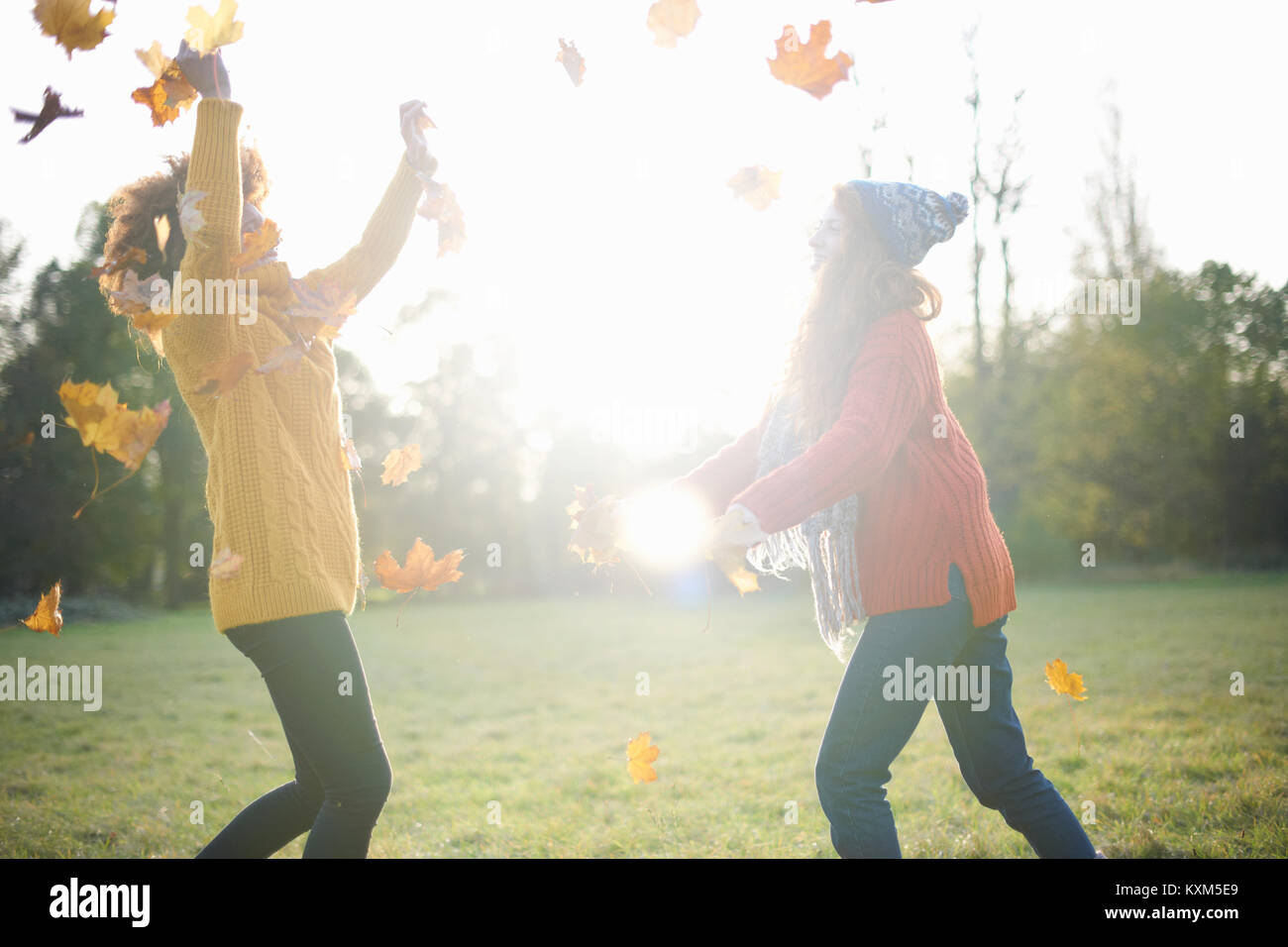 Friends throwing autumn leaves in air Stock Photo - Alamy