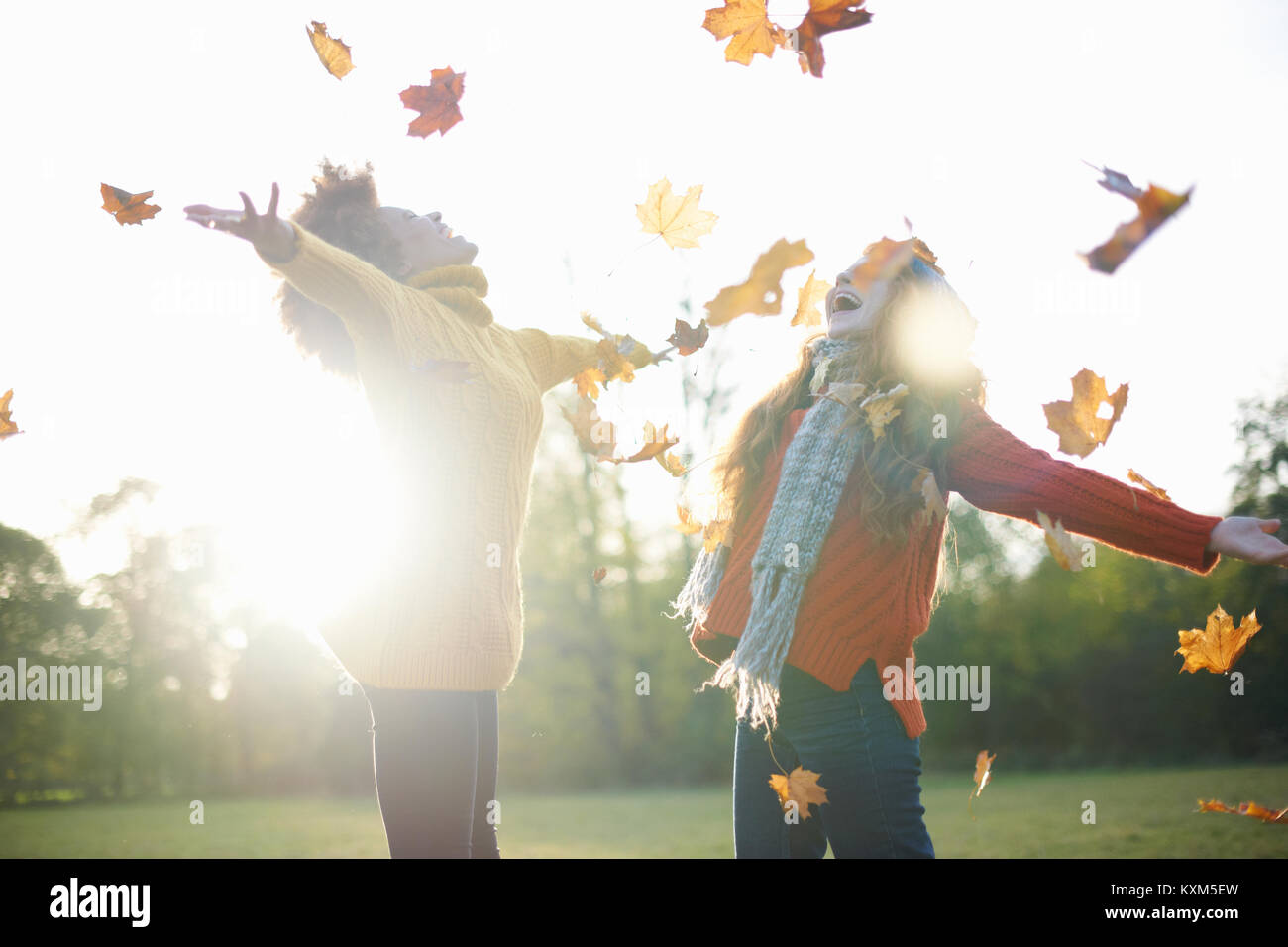 Friends throwing autumn leaves in air Stock Photo - Alamy