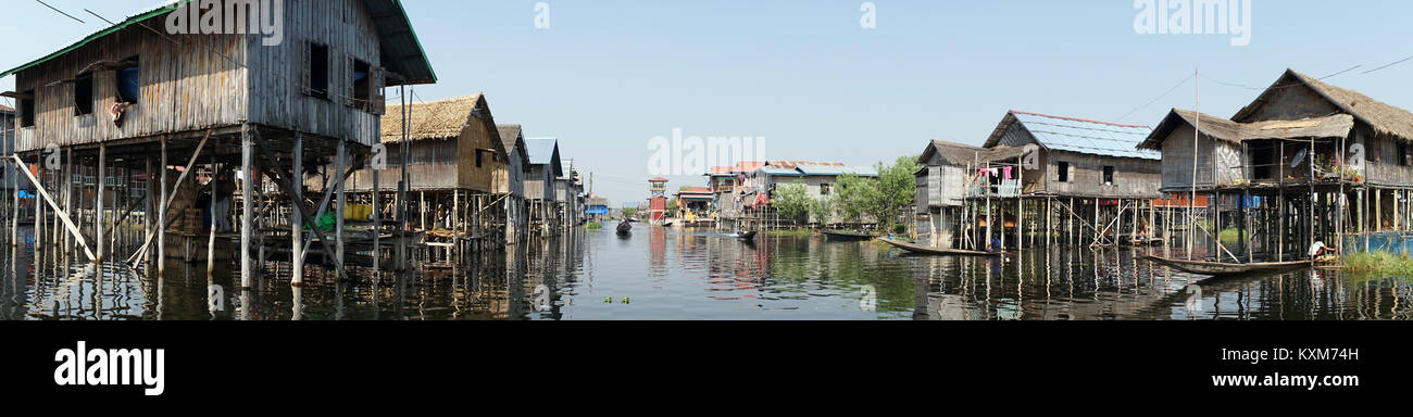 NYAUNGSHWE, MYANMAR - CIRCA APRIL 2017 Wooden houses on the Inle lake ...