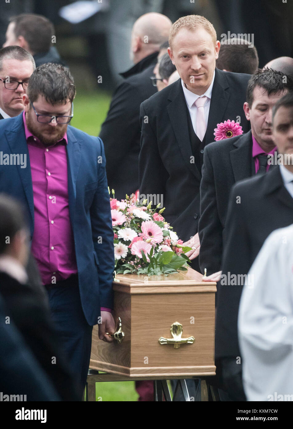 Malcolm Willsher (centre right) takes the coffin of his wife, Jodie ...