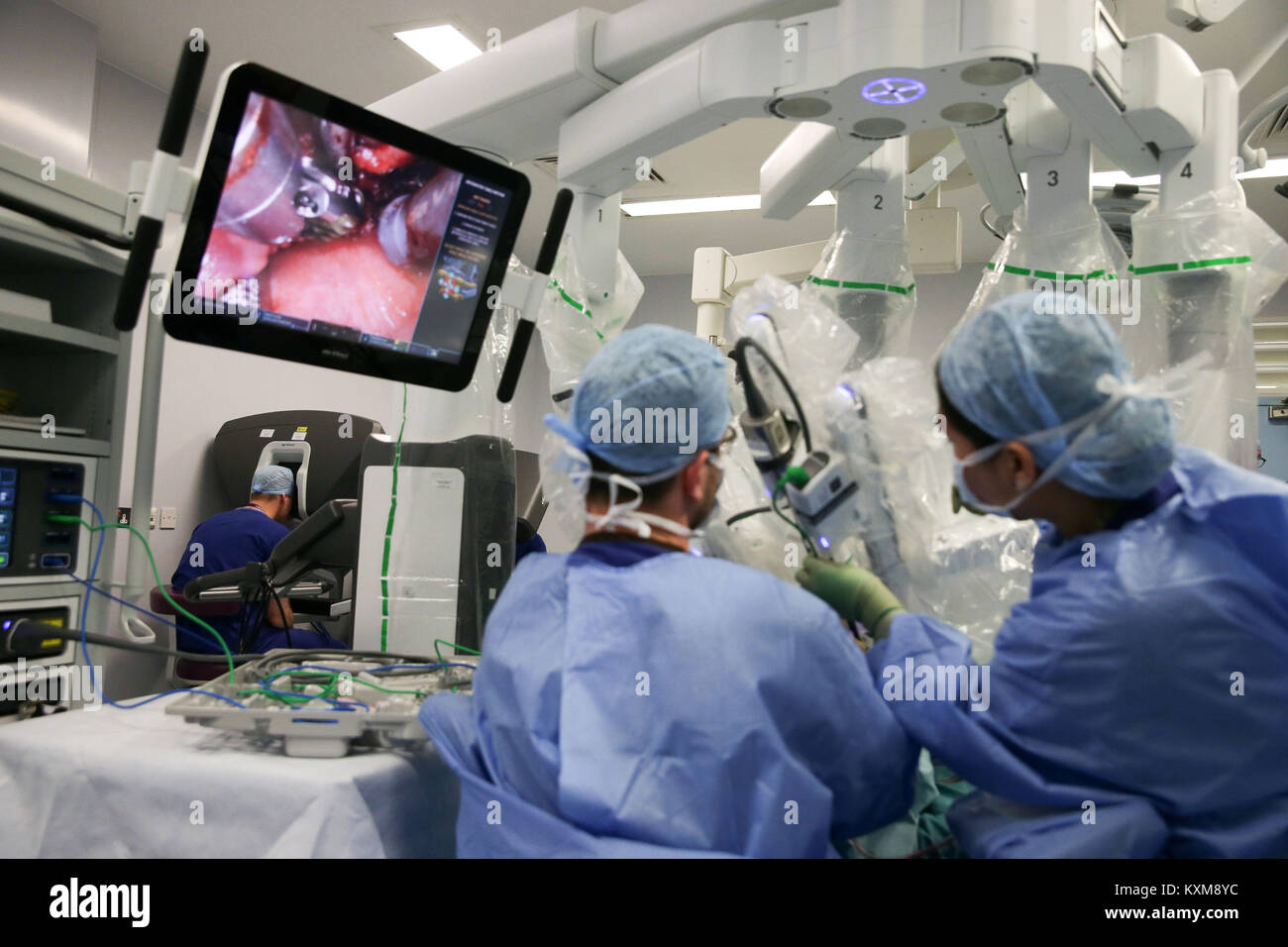 The Duke of Cambridge (background left) looks through a dual console of ...