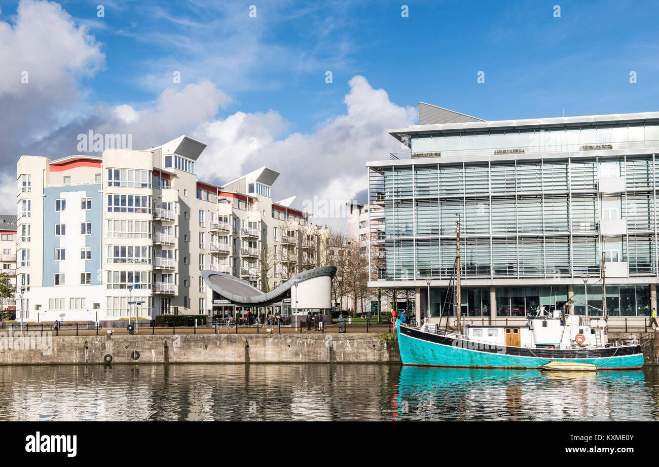 Bristol Floating Harbour with modern buildings and Boat Moored Stock ...