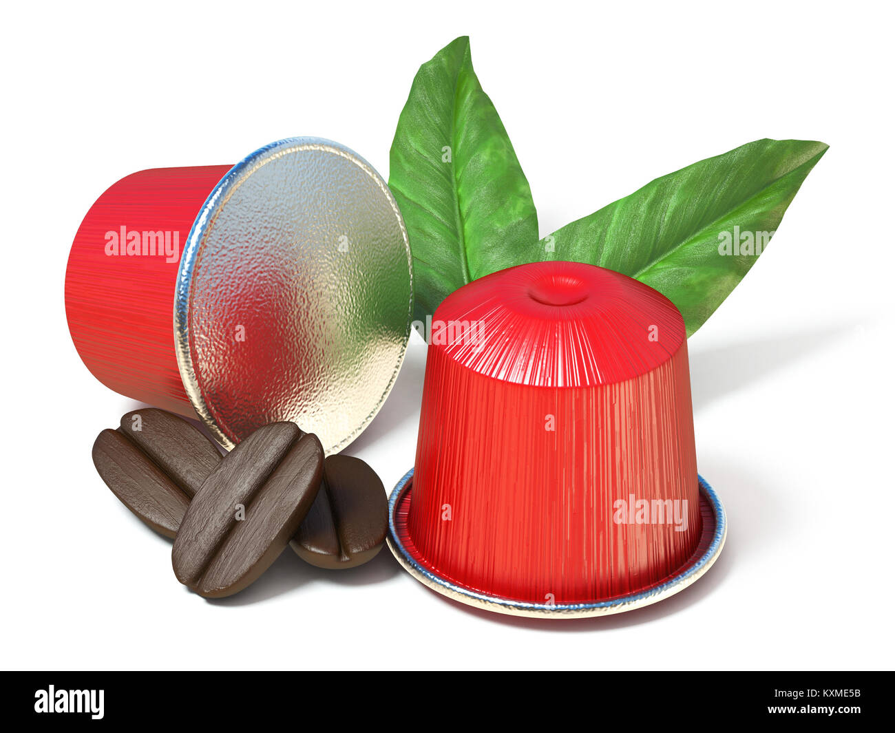 Red coffee capsules with coffee beans and leaves 3D render illustration ...