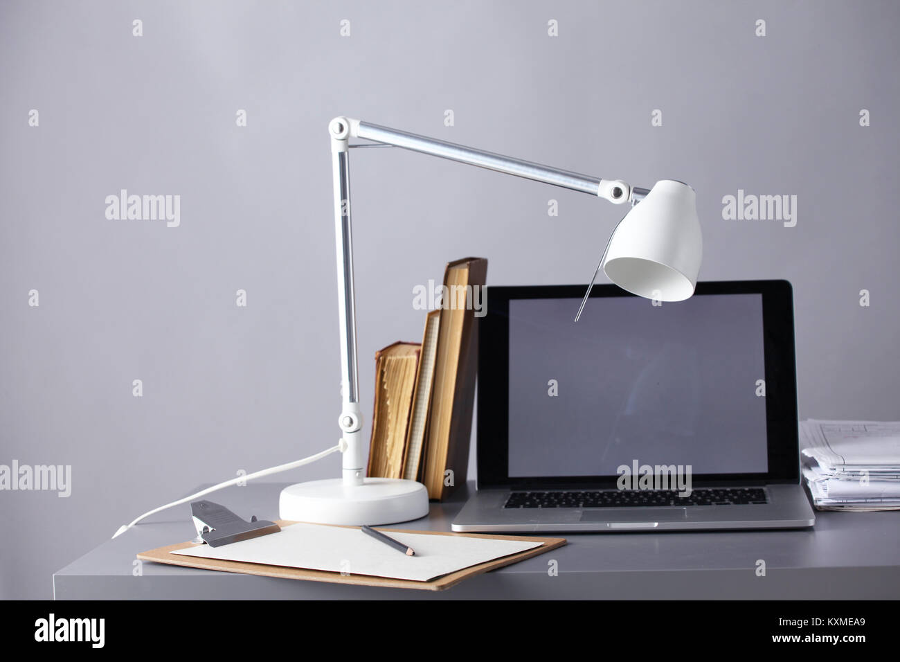 Workspace with computer and documents in office Stock Photo - Alamy