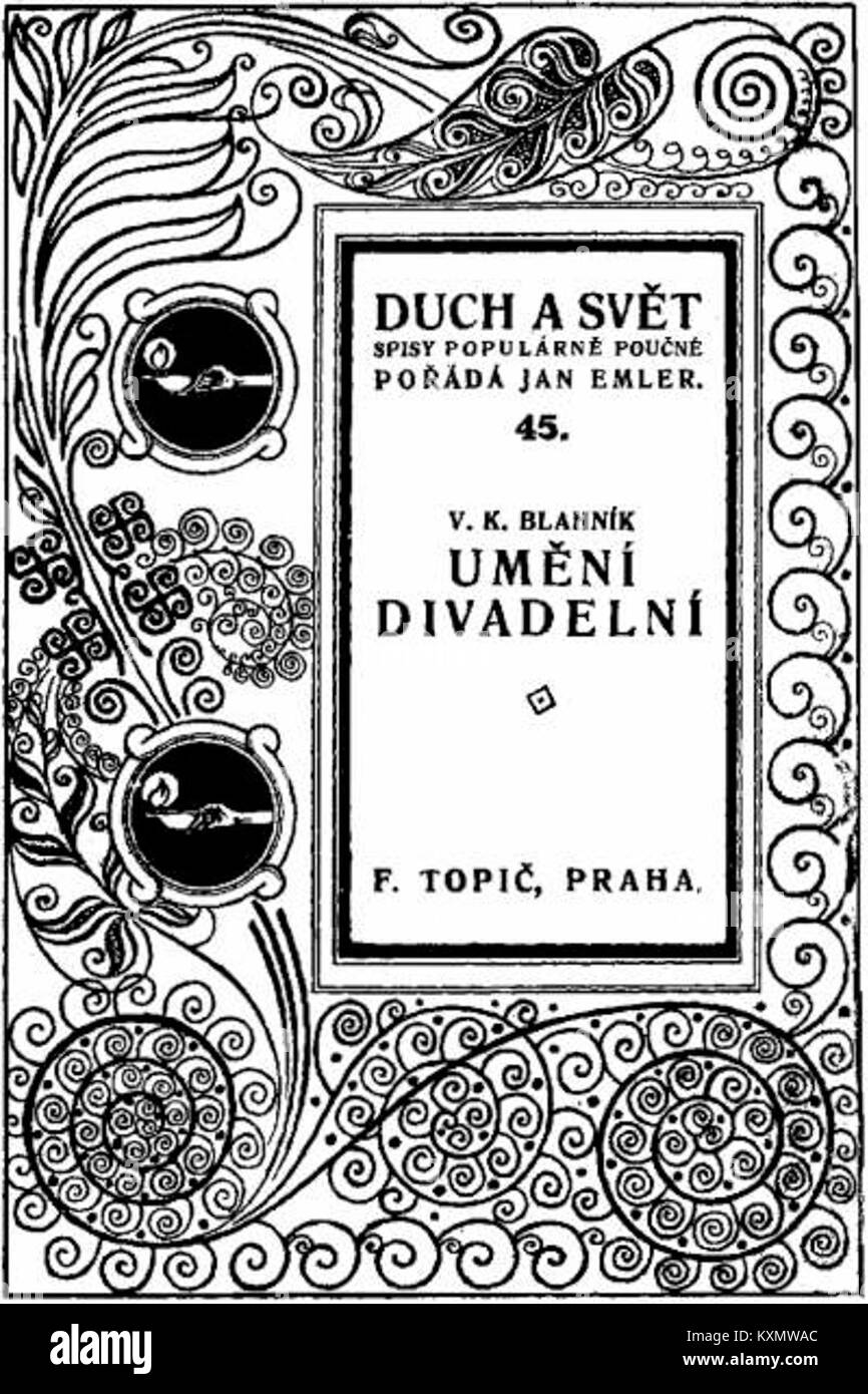 'Blahník Umen' is a 1918 theatrical cover design illustrating stage ...