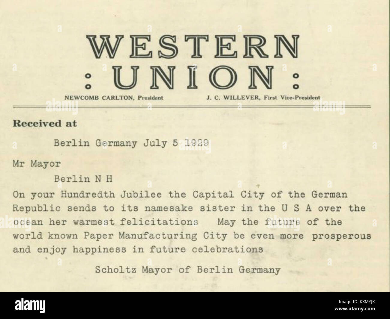 This telegram represents a historical communication between Berlin, New ...