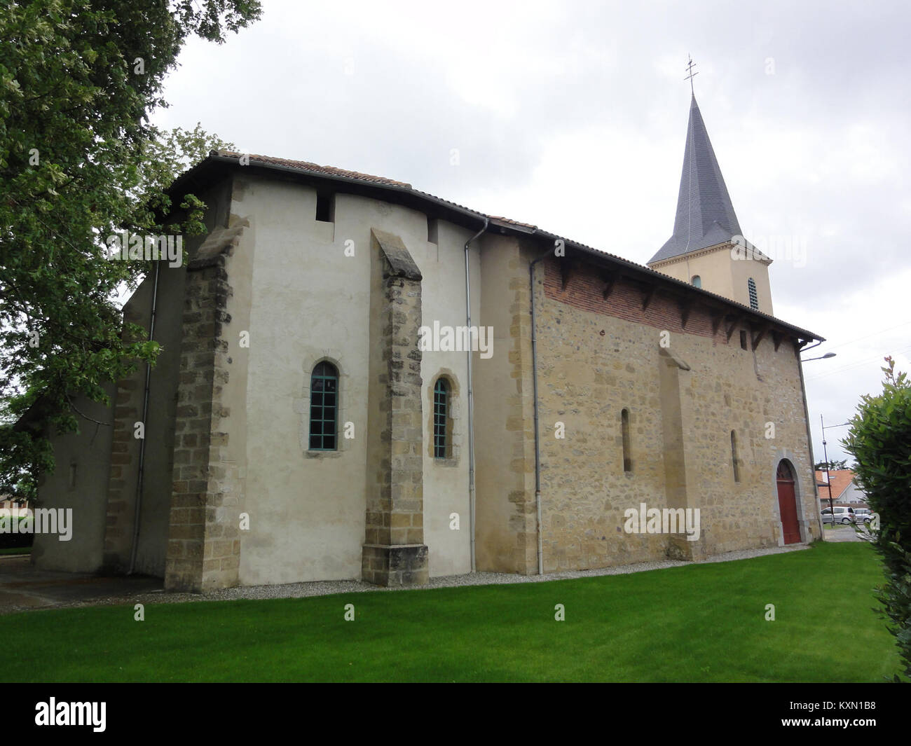 The image shows the church of Angresse, located in the Landes region of ...