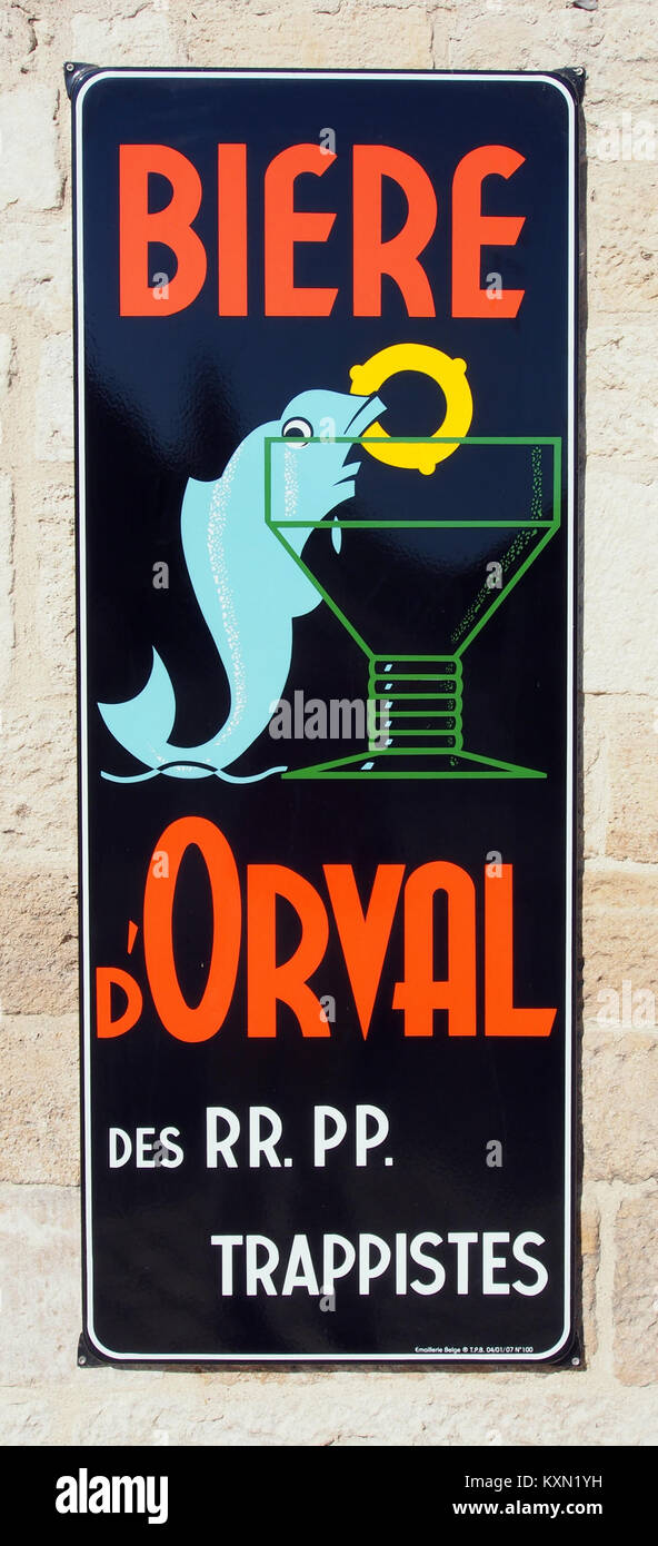 This enamel advertising sign for Biere d'Orval Trappist beer is ...