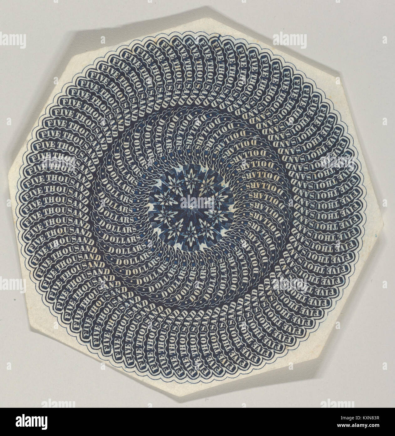 This image shows a banknote motif featuring a circular lathe design ...